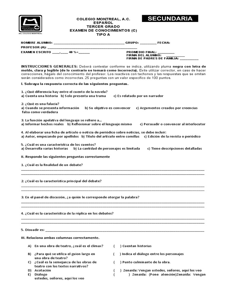 EXAMEN DE CONOCIMIENTOS DE ESPAÑOL - 3o SEC | PDF