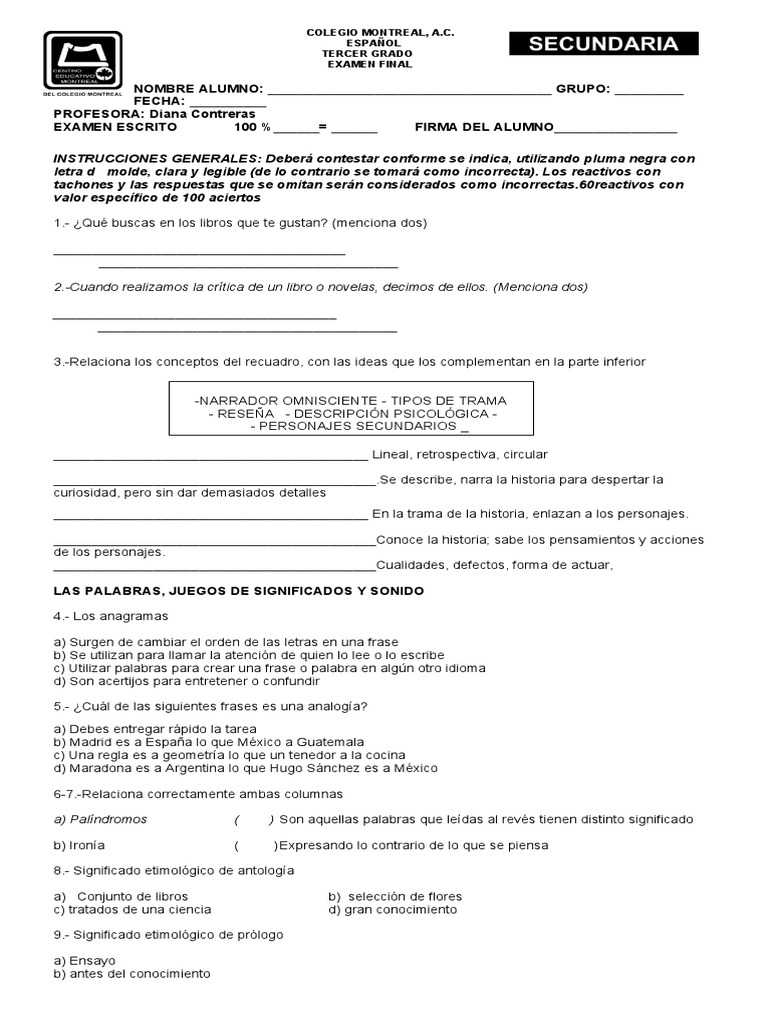 Examen Final de Español Tercer Grado | PDF | Teaching Methods ...