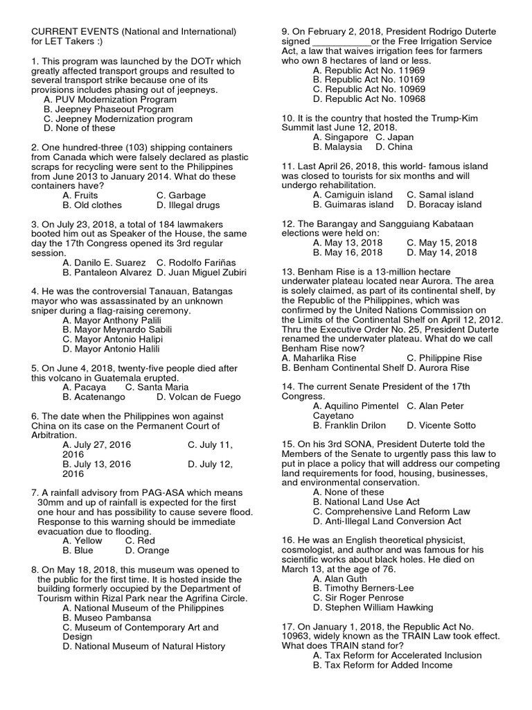 Review Materials CURRENT EVENTS | PDF | Philippines | Government