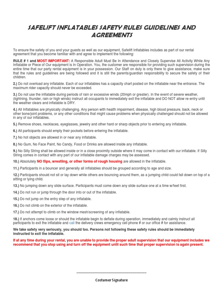 Safelift Inflatables Safety Rules Guidelines and Agreements | PDF