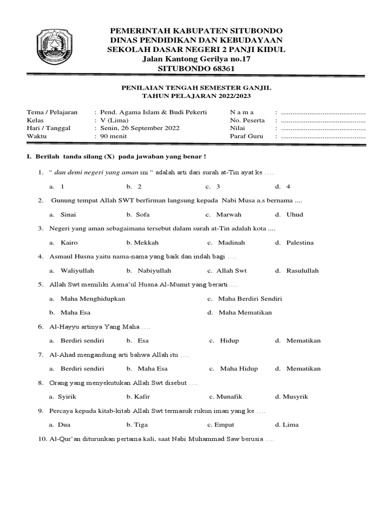 Soal PTS Pai KLS 5 | PDF