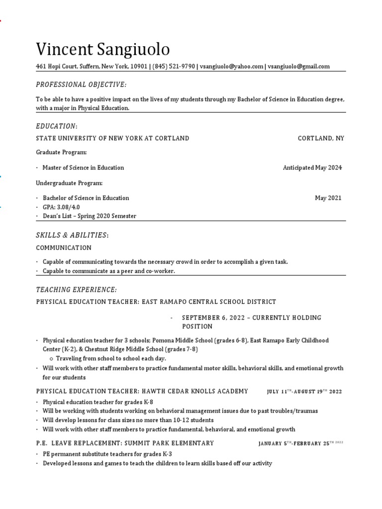 Vincent Sangiuolo Resume | PDF | Physical Education | Teachers