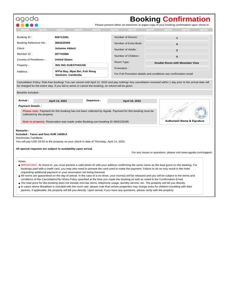 Confirmation For Booking ID # 656713261 | PDF