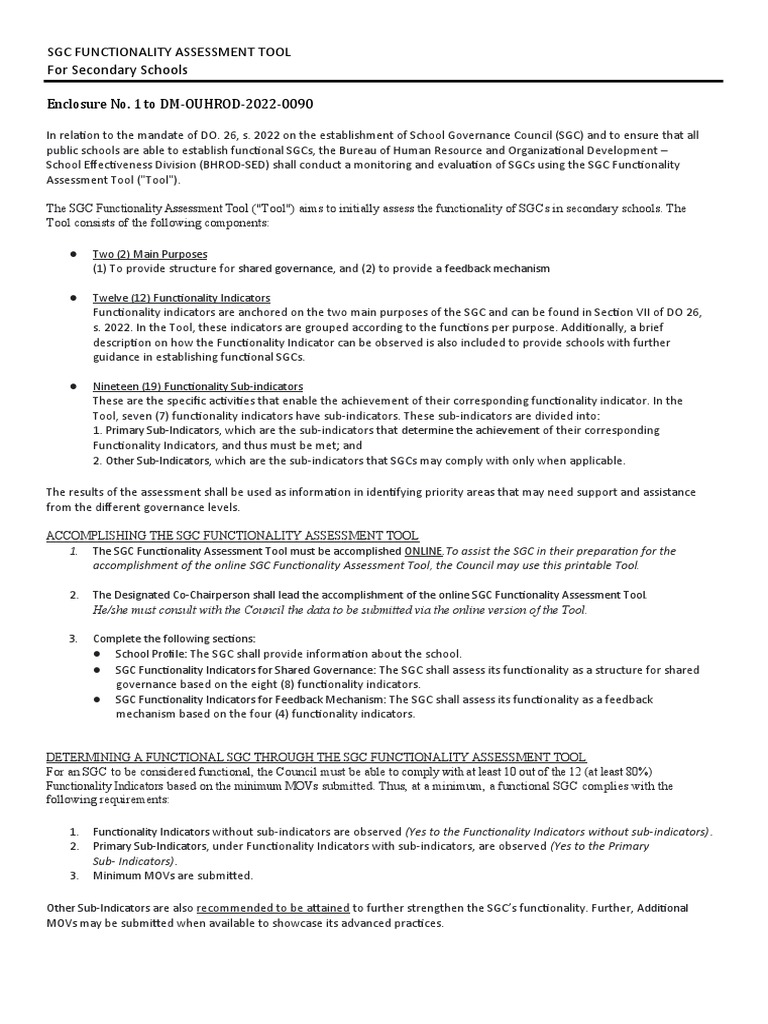 Enclosure No. 1 SGC FUNCTIONALITY ASSESSMENT TOOL - Printable | PDF
