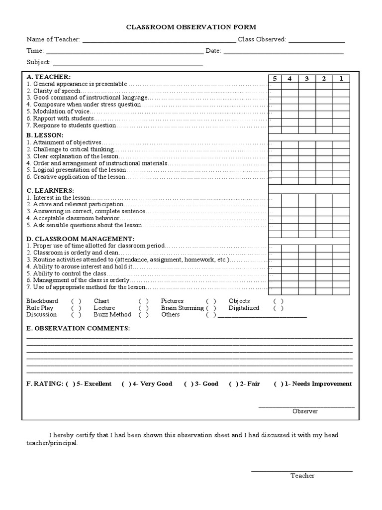 Classroom Observation Form Template | PDF | Communication | Education ...
