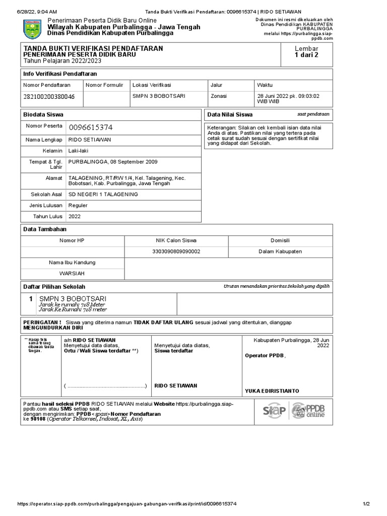 Bukti Verifikasi PPDB Rido Setiawan | PDF