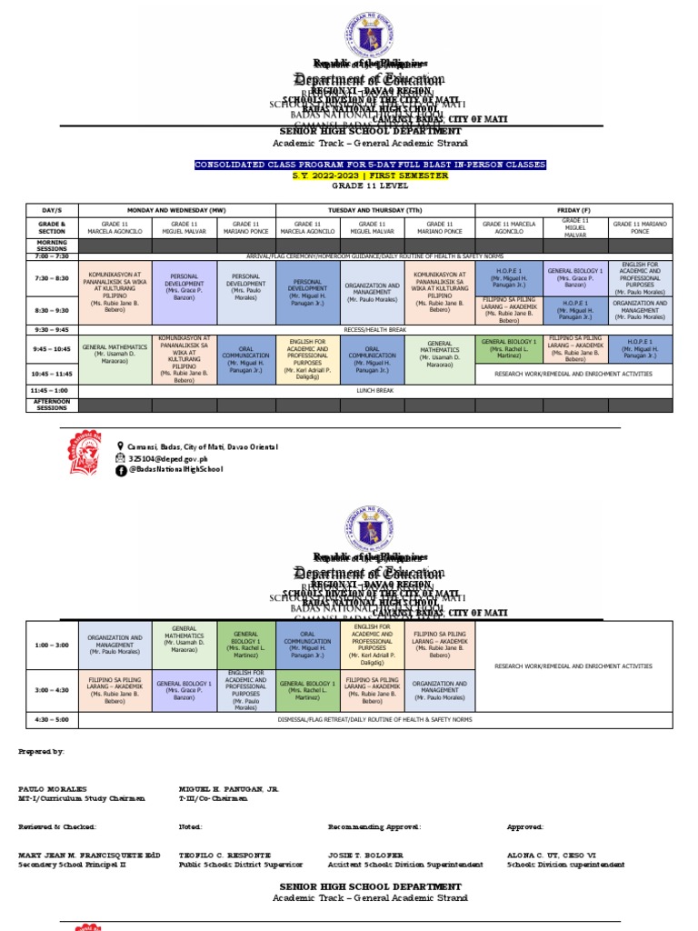 SHS Consolidated Class Program 5 Day in Person Classes | PDF