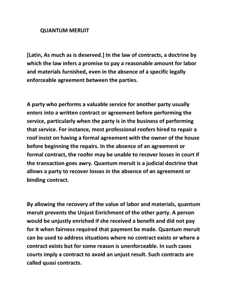 Quantum Meruit | PDF | Equity (Law) | Restitution