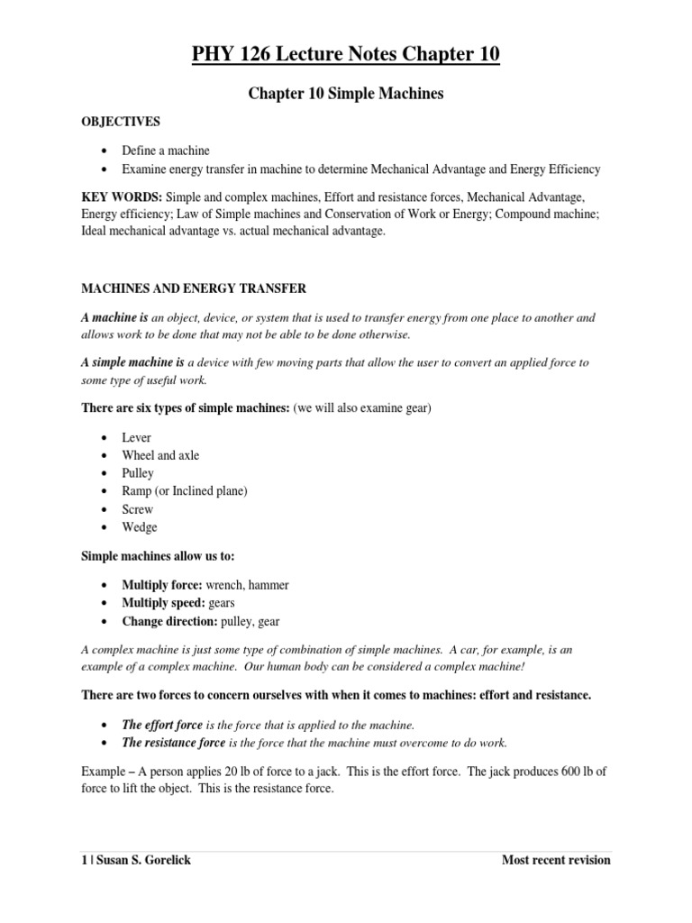 PHY 126 CH 10 Lecture Notes - Simple Machines | PDF | Machines | Lever