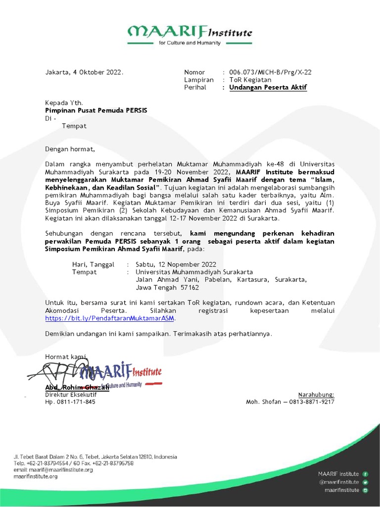 006 073 SKK Surat Undangan Pimpinan Pusat Pemuda PERSIS 04102022 | PDF