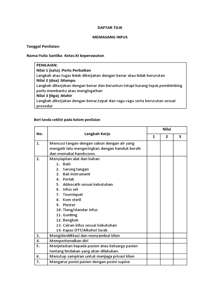 Daftar Tilik Infus Yulia | PDF | Kesehatan Holistik | Sains & Matematika