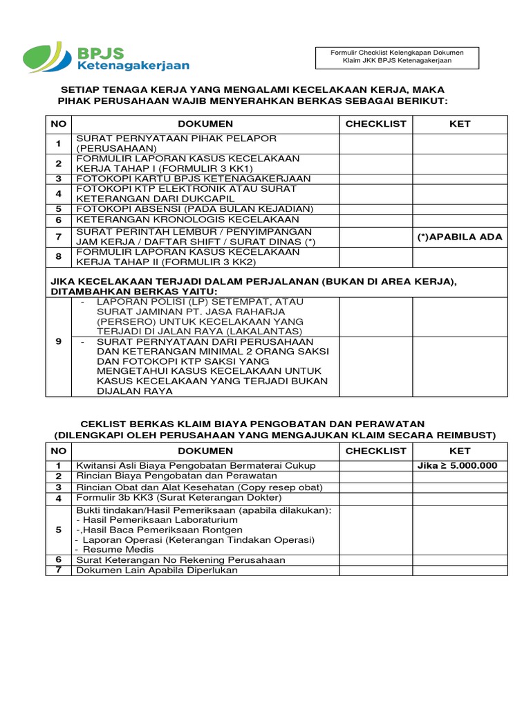 0 Checklist Klaim JKK Dan Formulir Baru | PDF | Pengelolaan Keuangan & Uang