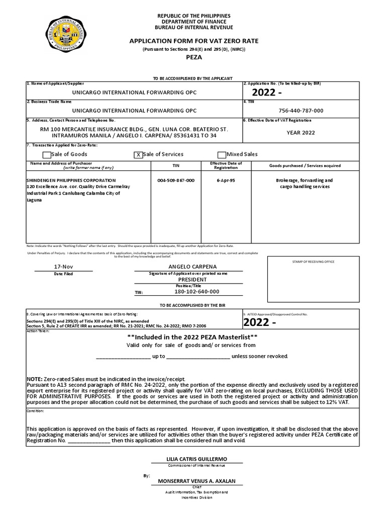 PEZA VAT Zero Rate Application Form | PDF
