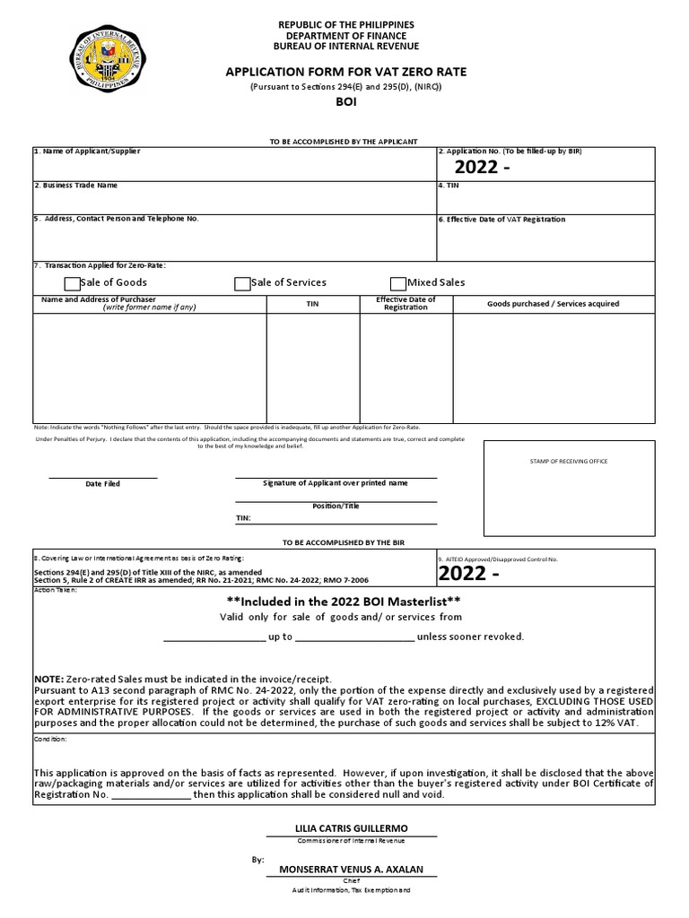 BOI Vat-Zero Rating Application & Requirements | PDF | Value Added Tax ...