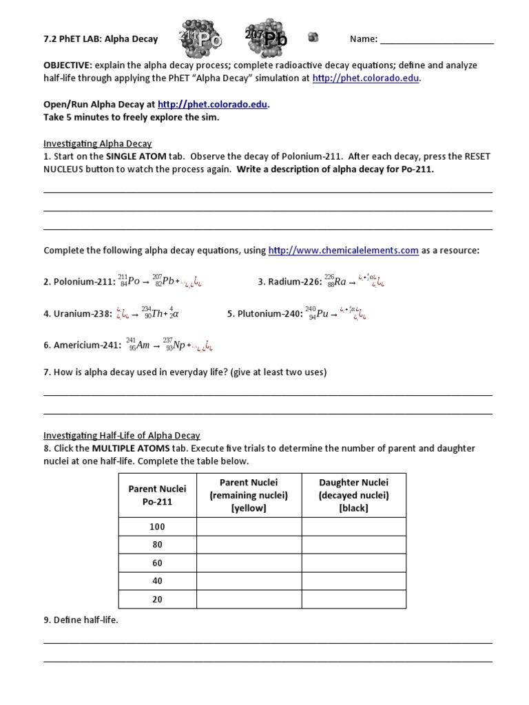 7.2 PhET LAB Alpha | PDF | Radioactive Decay | Atomic Nucleus
