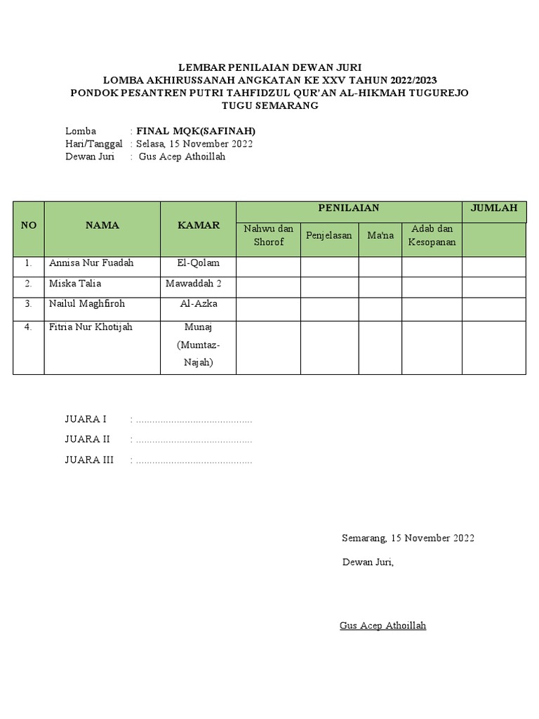 Lembar Penilaian Juri Lomba MQK 2022 | PDF