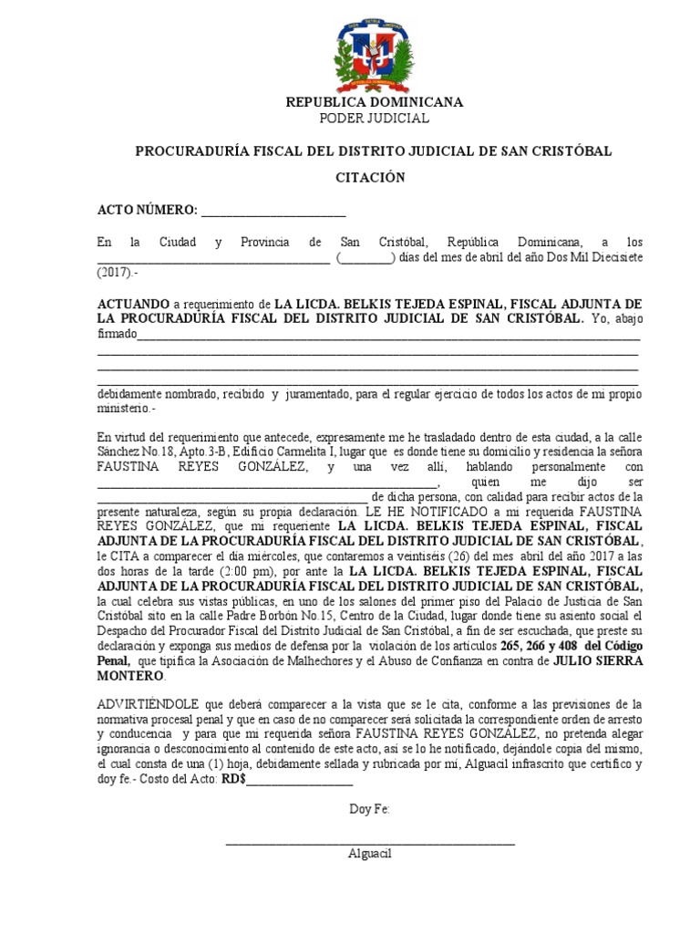 Citación Penal Faustina Reyes González - Julio Sierra Montero - 2 | PDF ...