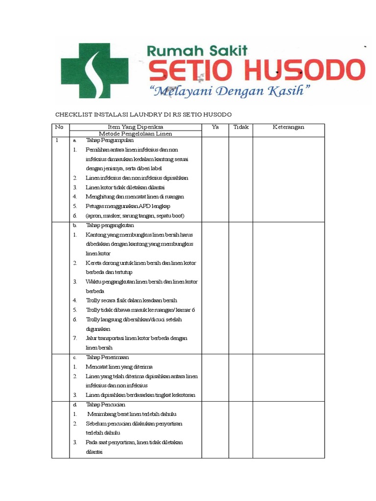 Checklist Instalasi Laundry RS Setio Husodo | PDF