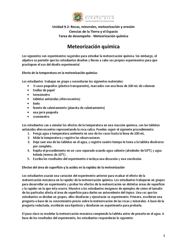 Meteorización química: experimentos sobre efecto de temperatura y área ...