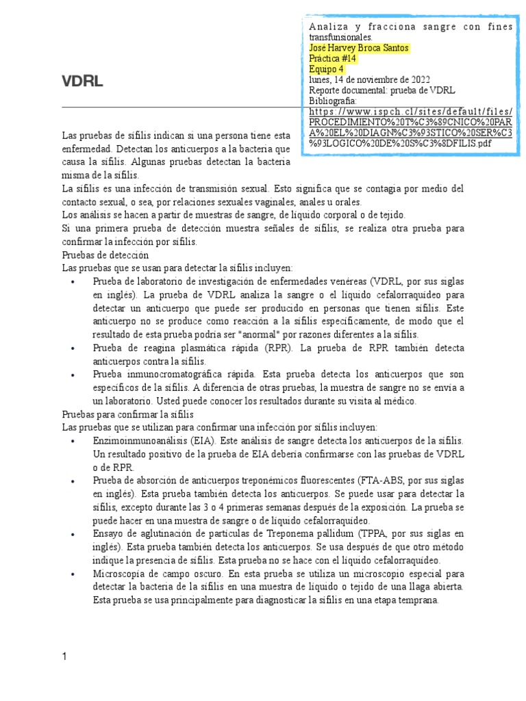 Prueba de VDRL | PDF | Medicina CLINICA | Salud pública