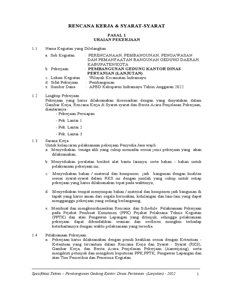 RKS - 2022 - Dinas Pertanian - (Apbd) | PDF