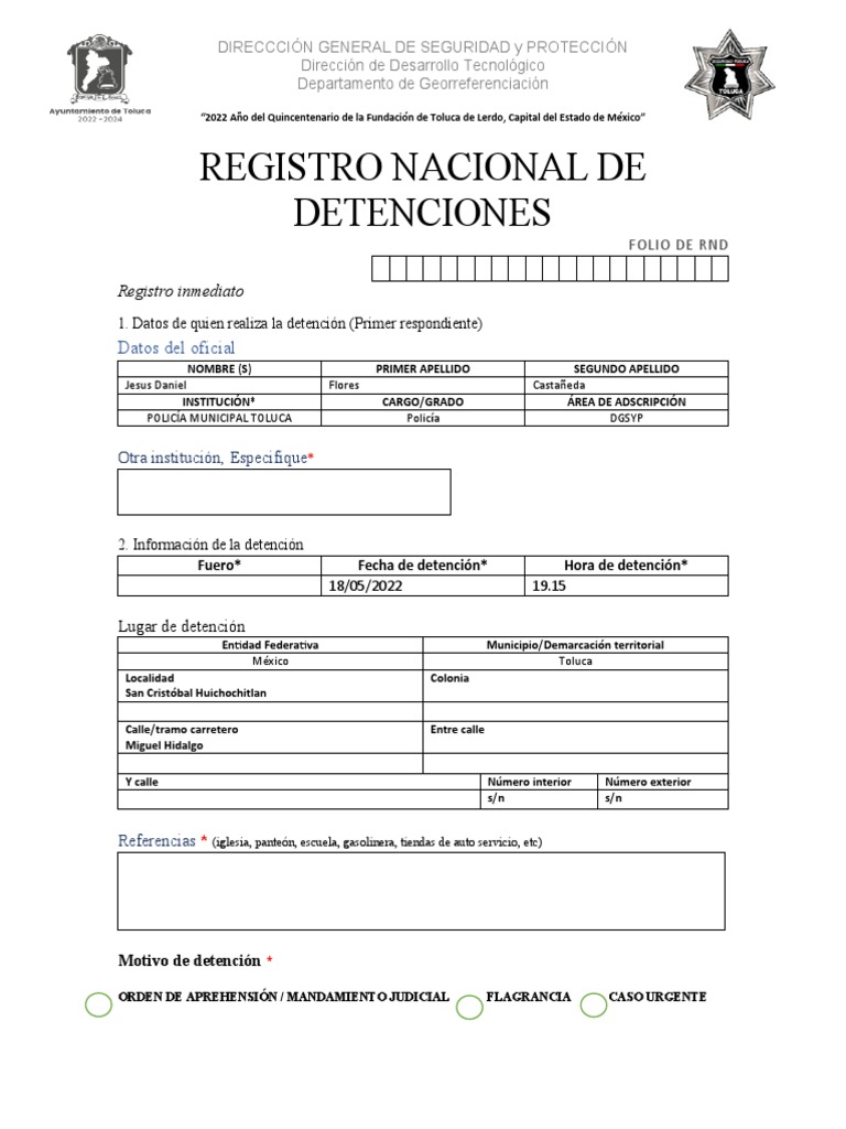 Formato Registro Nacional de Detenciones | PDF | México