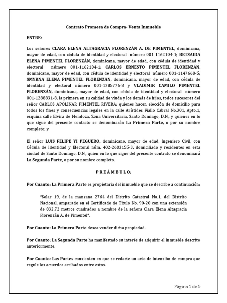 Contrato Promesa Compra Venta Familia Pimentel Florenzán - Luis Yi ...