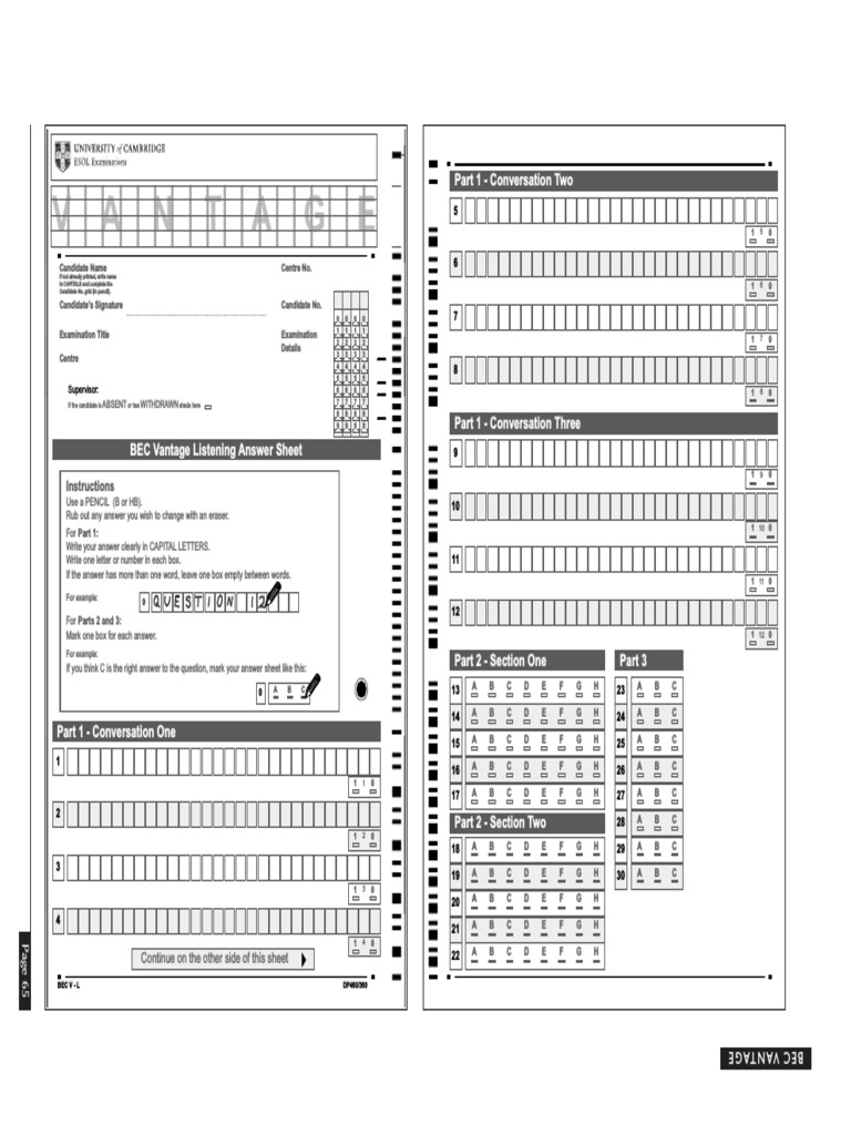 BEC Vantage Answer Sheet Listening | PDF | Written Communication | Writing