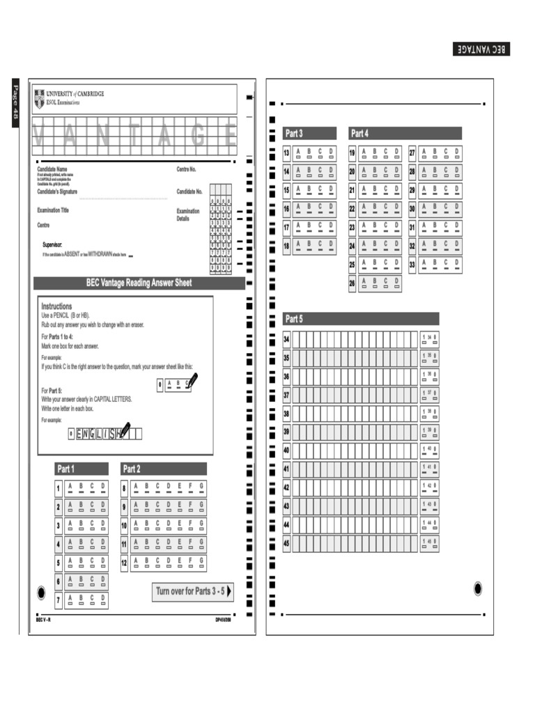 BEC Vantage Answer Sheet Reading | PDF | Written Communication | Writing