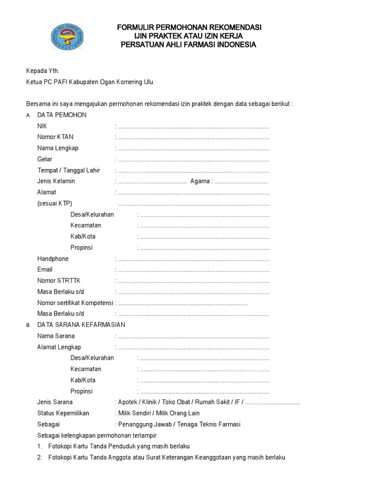 Form Permohonan Rekomendasi PAFI | PDF | Komputer | Teknologi & Rekayasa