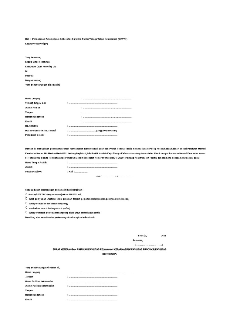 Form Permohonan Rekomendasi Dinkes SIPTTK-1 | PDF