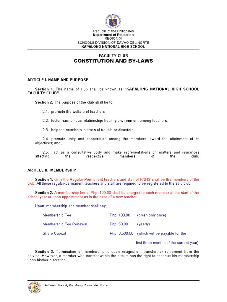 Kapalong National High School Faculty Club Bylaws | PDF | Loans | Constitutional Amendment