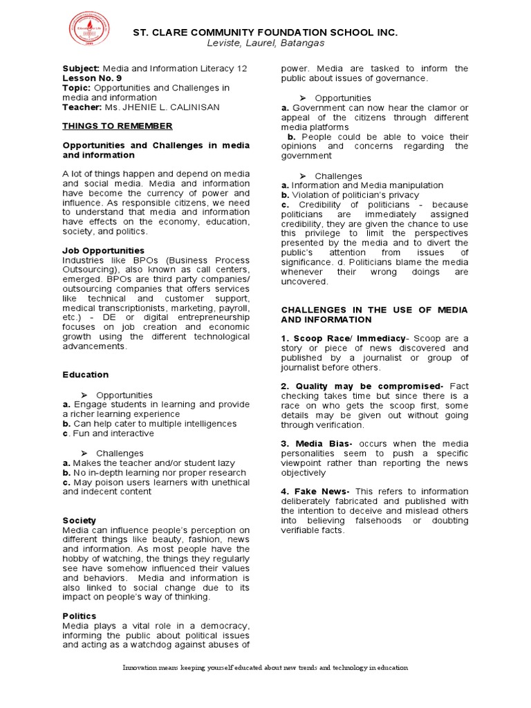 Instructional Module in MIL12 Lesson 9 | PDF | Outsourcing | Learning