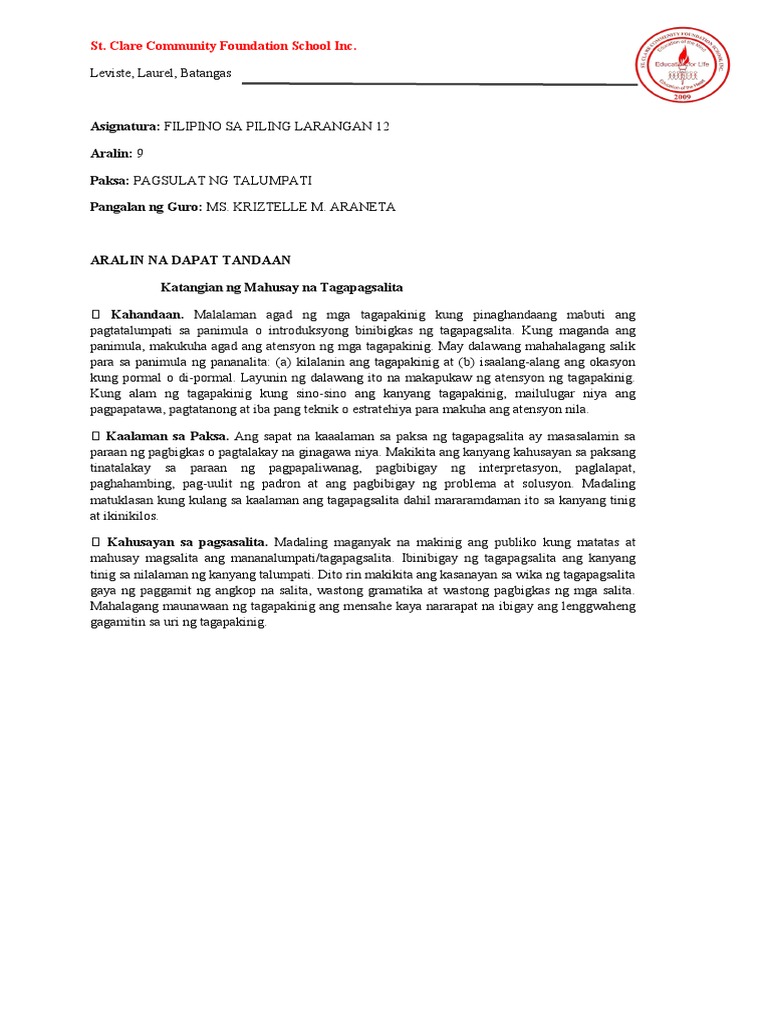 Instructional Module in Filipino Sa Piling Larangan 12 Lesson 9 | PDF