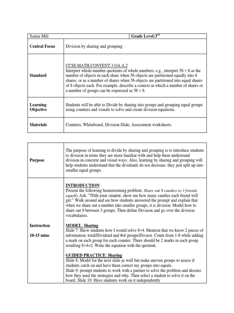 Division As Sharing and Grouping Lesson Plan - Updated1 | PDF
