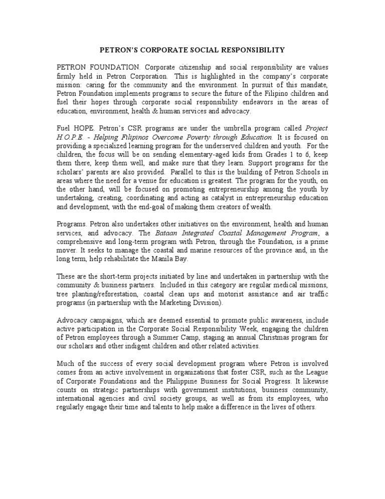Petron CSR: Education & Environment | PDF | Corporate Social ...