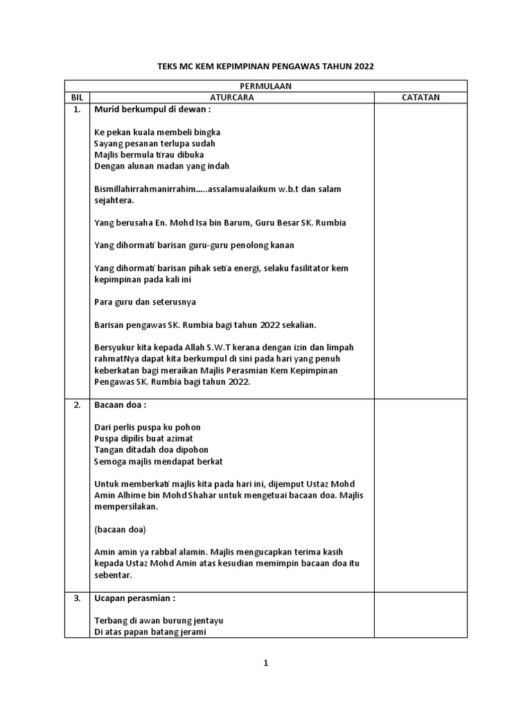 Teks MC Kem Kepimpinan Pengawas Tahun 2022 | PDF