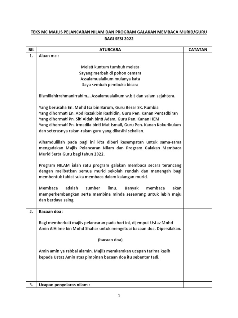 Teks Mc Majlis Pelancaran Nilam Dan Program Galakan Membaca Murid Pdf