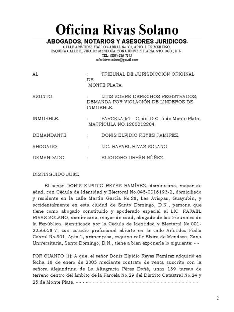 Litis Sobre Terreno Registrado - Dda. Viol. Lindero Propiedad Donis ...
