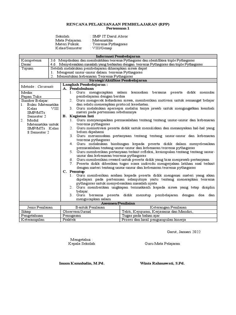 RPP Matematika Kelas 8 SMP 2021 SMT 2 | PDF
