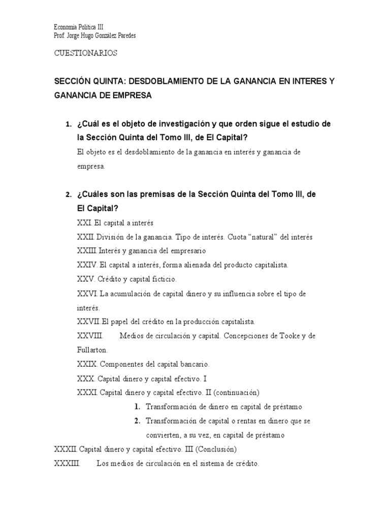 Cuestionario Sección Quinta | PDF | Capital (economía) | Capitalismo