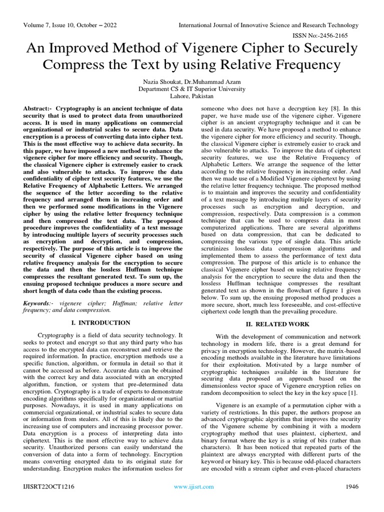 An Improved Method of Vigenere Cipher To Securely Compress The Text by Using Relative Frequency ...