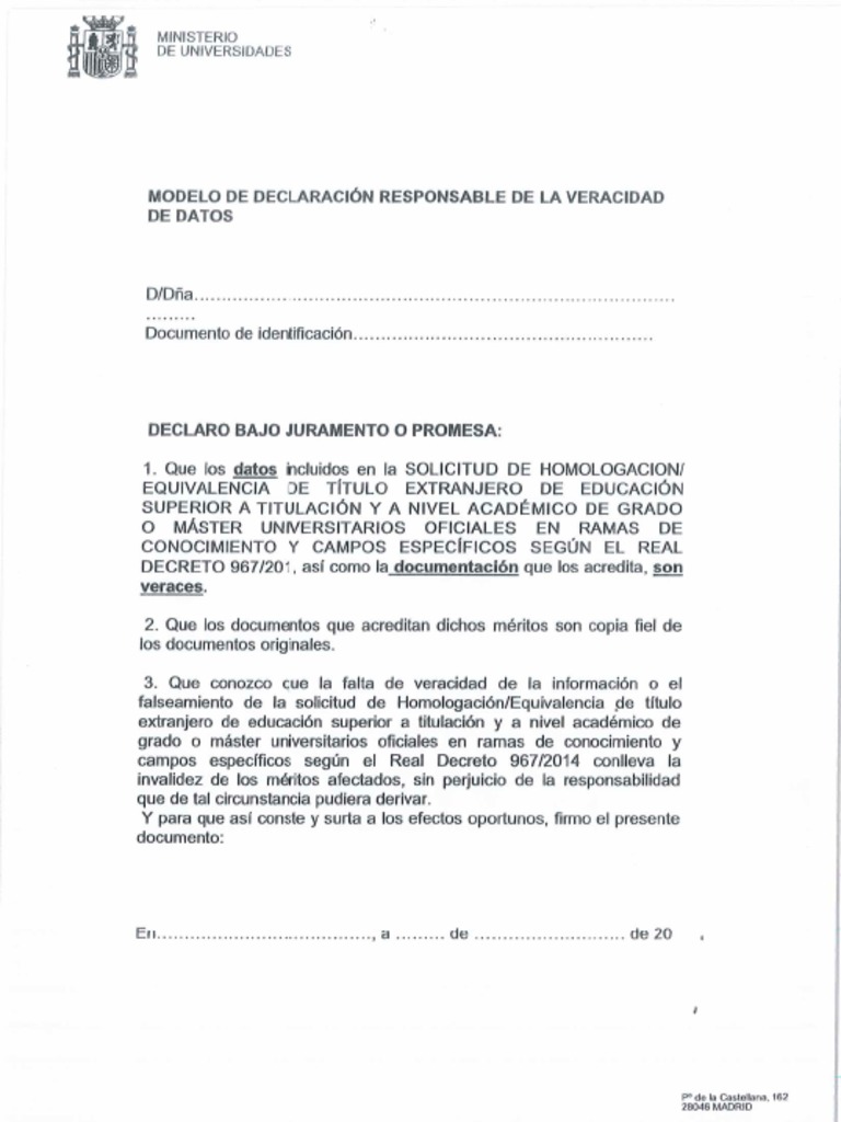 Modelo de Declaración Responsable de La Veracidad de Datos | PDF