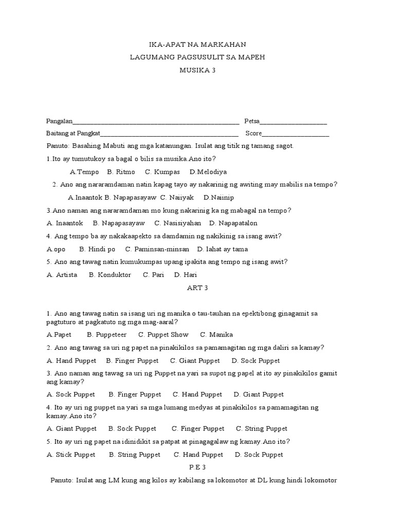 Summative Test 1 4 Mapeh 4th Quarter | PDF Summative Test 1 4 Mapeh 4th Quarter | PDF