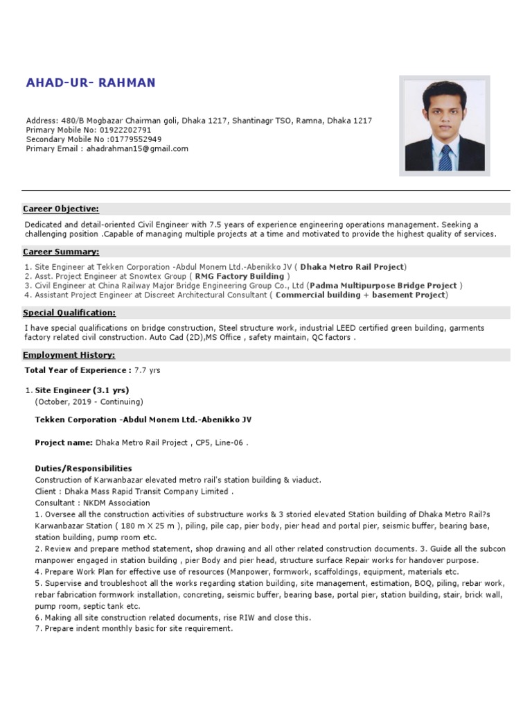 Ahad-Ur - Rahman - CV 201122 | PDF | Deep Foundation | Concrete