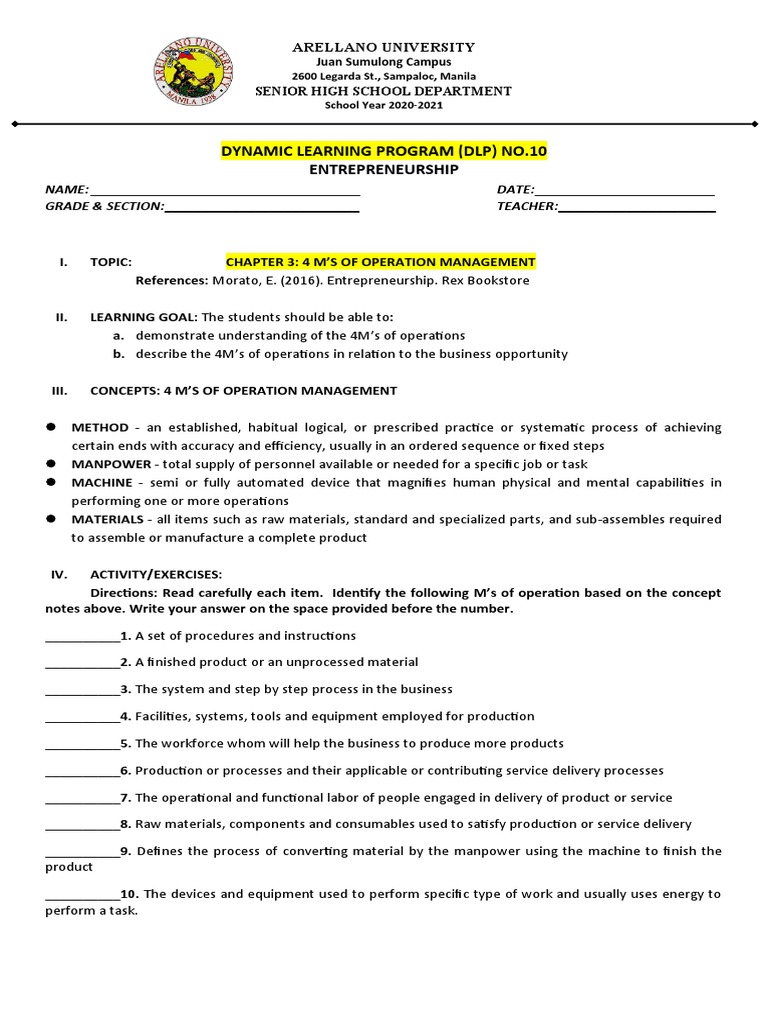 4 M's of Operation Management in Entrepreneurship | PDF | Operations ...