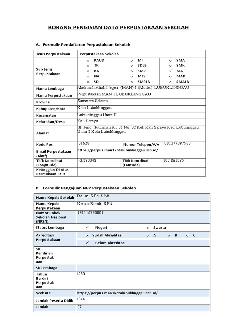 Formulir Pendaftaran Perpustakaan Sekolah | PDF