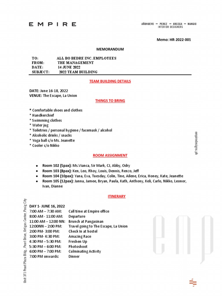 Memo - 2022 Team Building | PDF