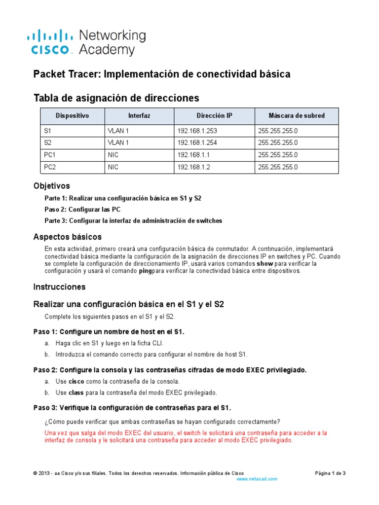 2.7.6 Packet Tracer - Implement Basic Connectivity | PDF | Dirección IP | Conmutador de red