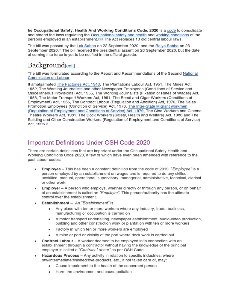Important Definitions Under OSH Code 2020 | PDF | Occupational Safety And Health | Employment